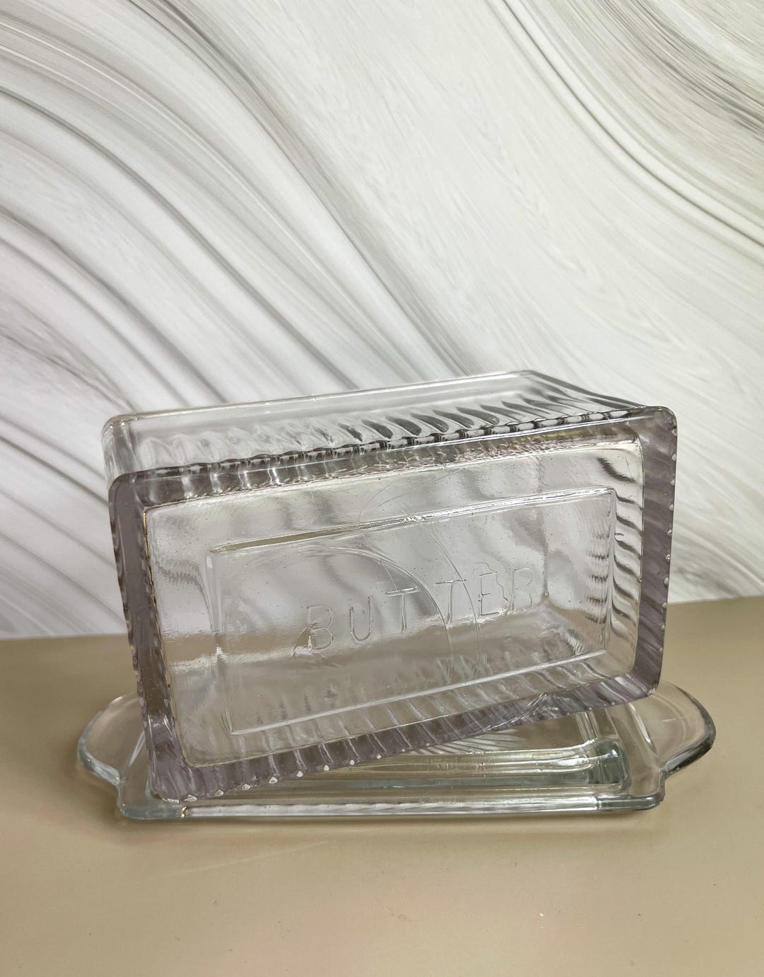 Vintage Glass Butter Dish / Ribbed Clear / Butter Keeper / Starburst ...