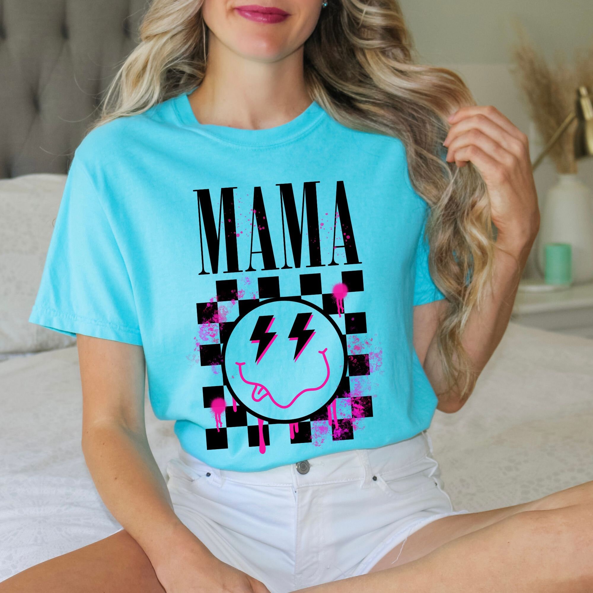 Comfort Colors Mama Shirt Oversized Checkered Smile Face Graphic Tee ...