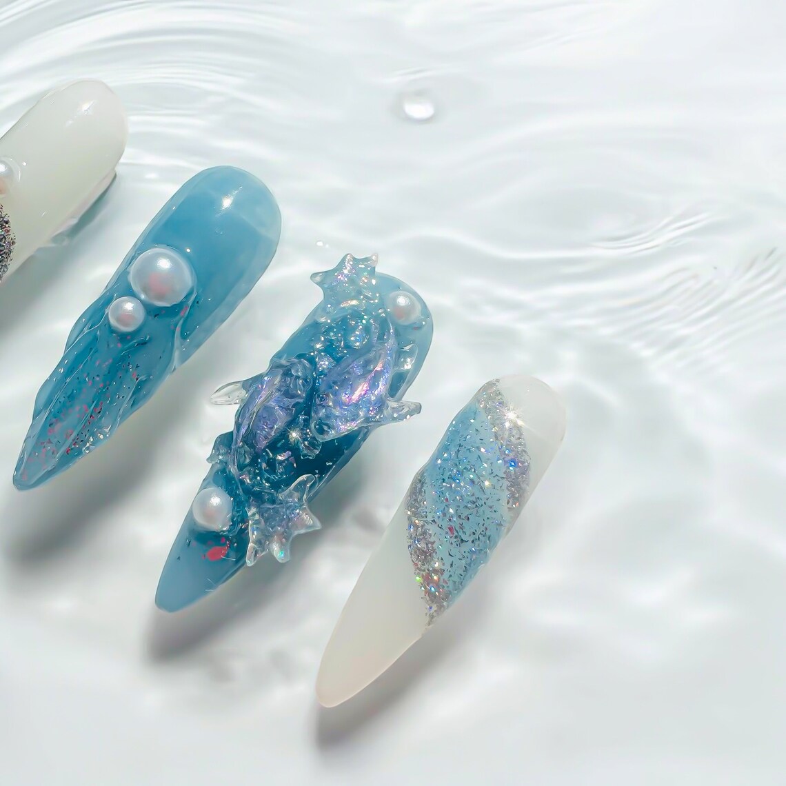 Blue Lagoon Handmade Press on Nails, Summer Mermaid Gel Press on Nails ...