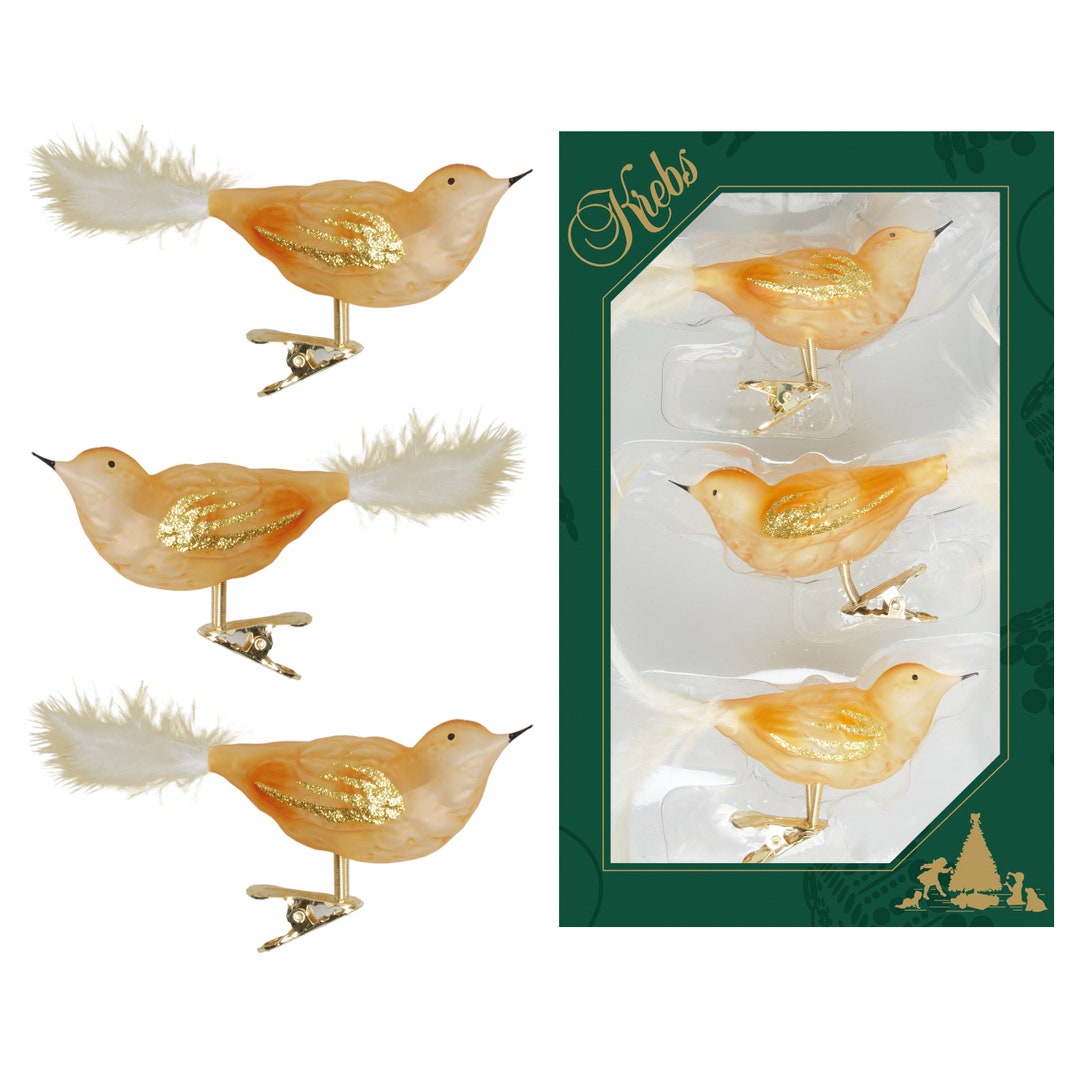 Gold Shaded Transparent 11 Cm Glass Birds on Clip With 6 Cm Feather ...