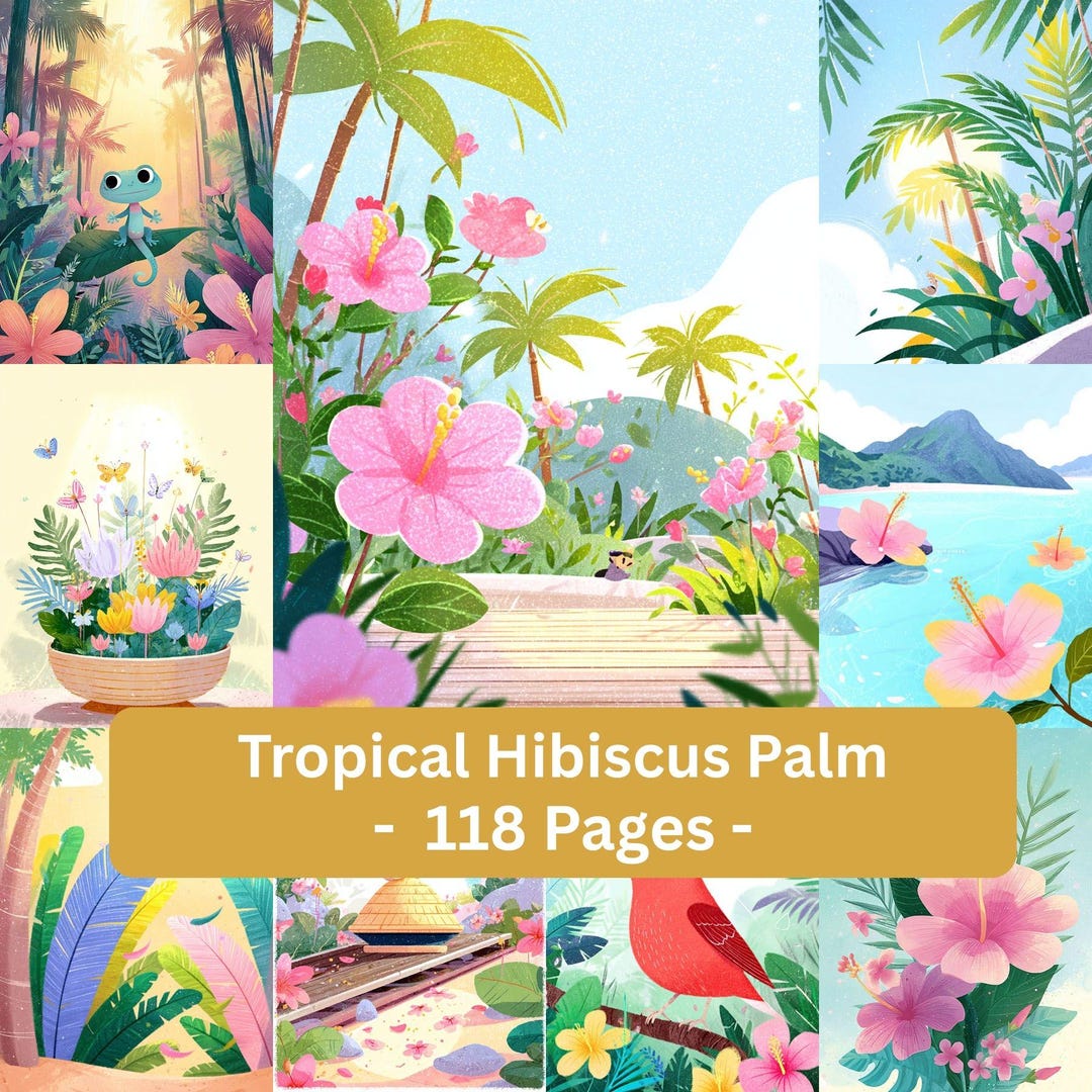 Tropical Hibiscus Palm Digital Paper Bundle, Summer Floral Patterns ...