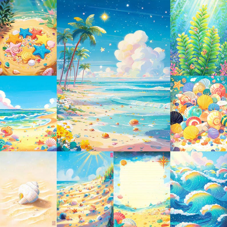 Ocean Coastal Seashell Digital Papers, Beach Nautical Backgrounds ...