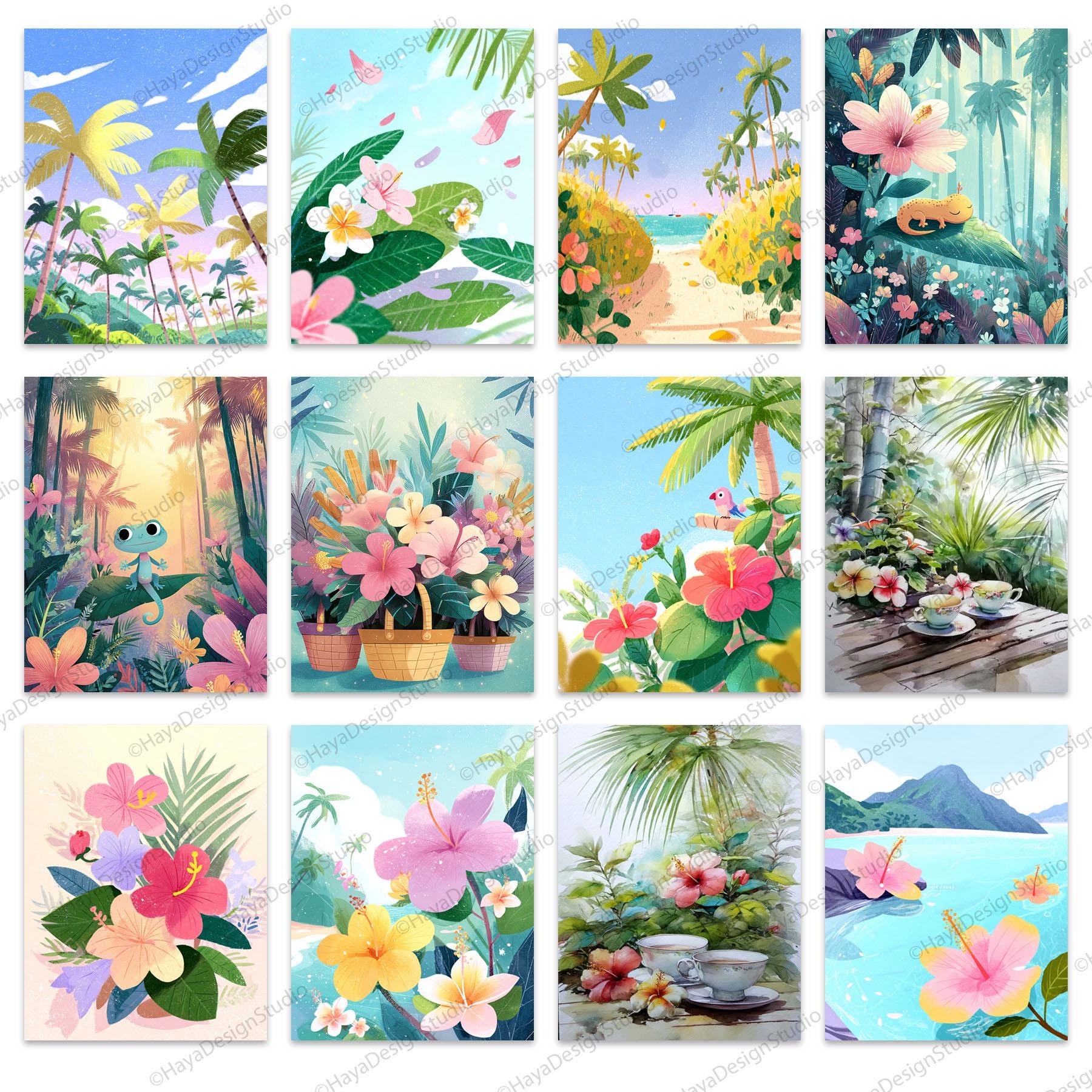 Tropical Hibiscus Palm Digital Paper Bundle, Summer Floral Patterns ...