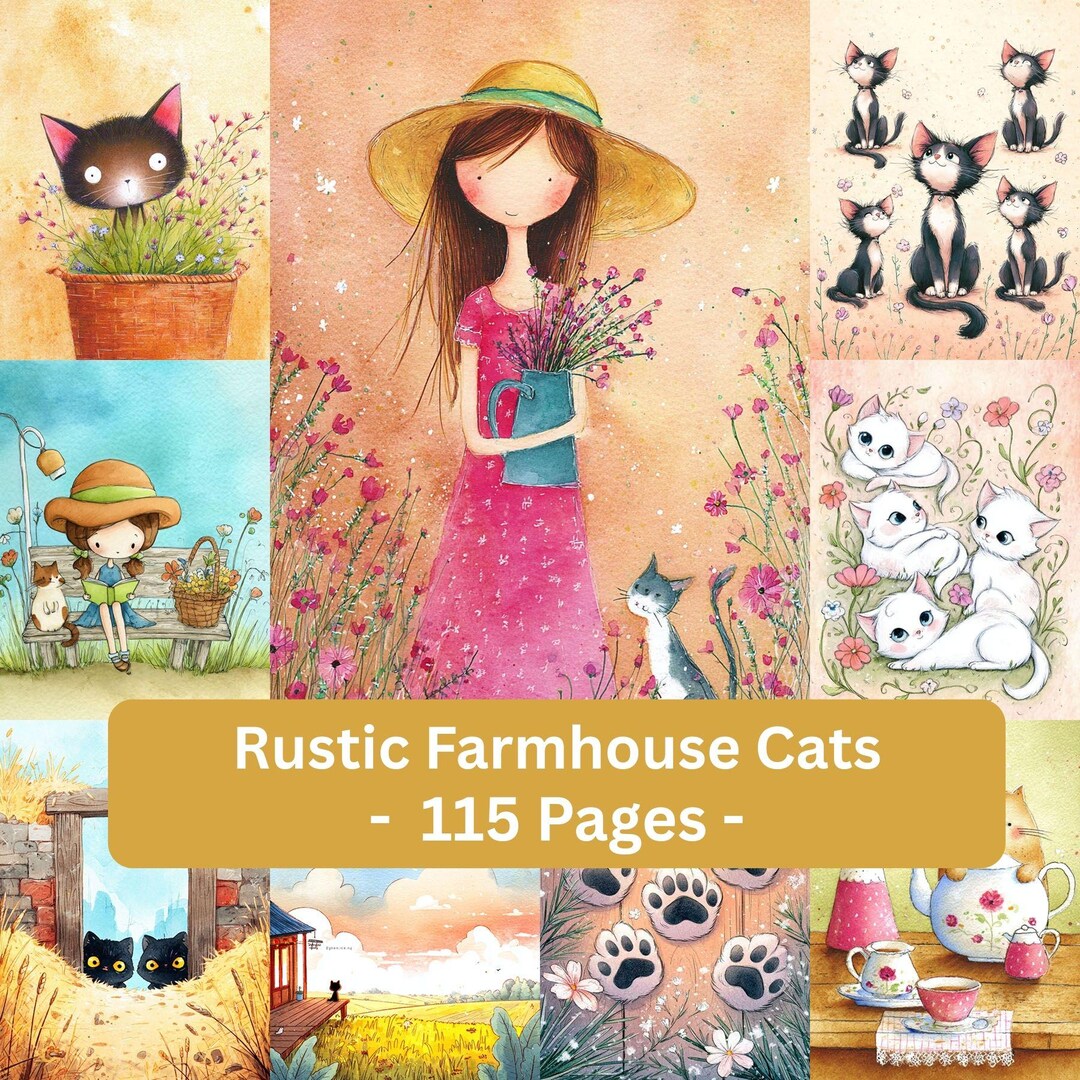 Rustic Farmhouse Cats Printable Paper Set, Cozy Country Kittens Digital ...