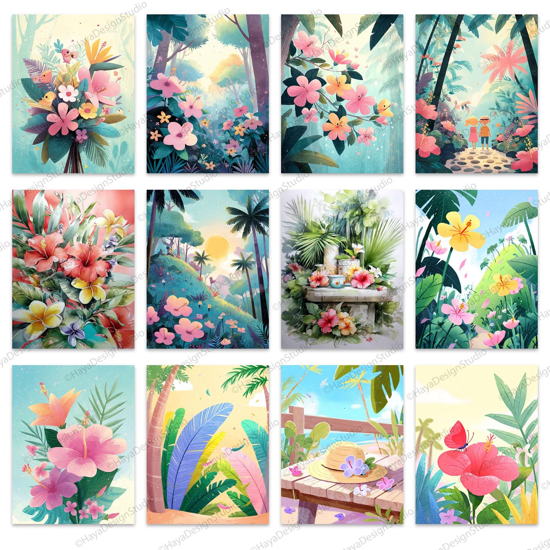 Tropical Hibiscus Palm Digital Paper Bundle, Summer Floral Patterns ...