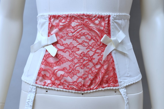 2000s Cadolle red leavers lace and white satin boned … - Gem