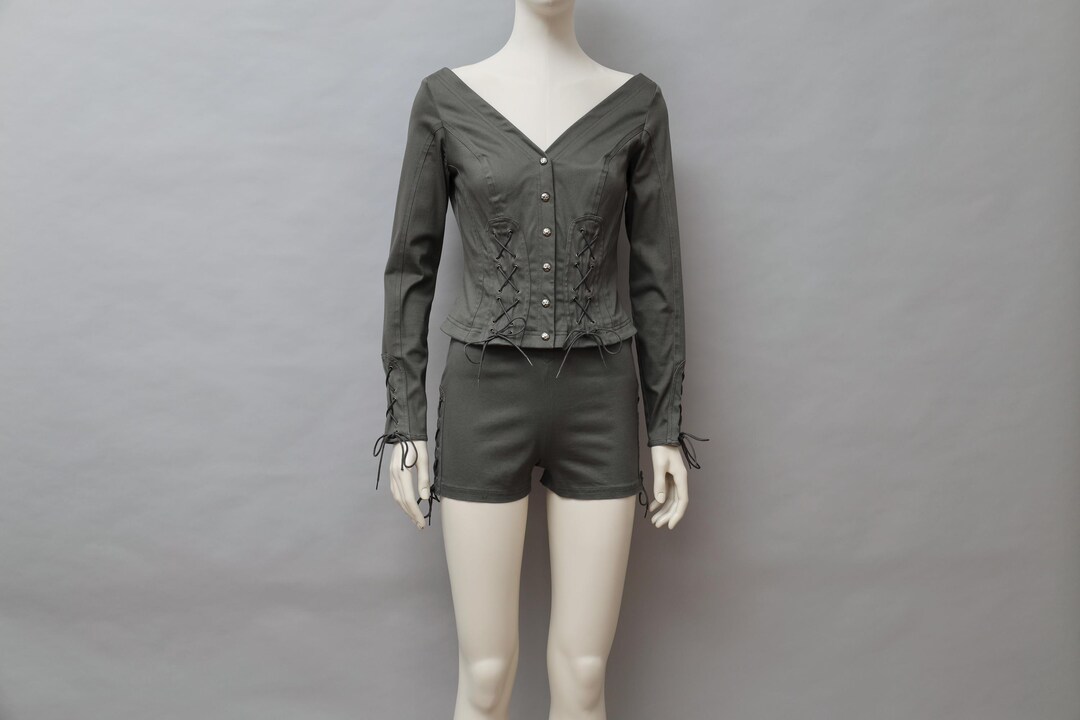 S/S 1991 Chantal Thomass Khaki Stretch Cotton Lace up Top and Shorts ...