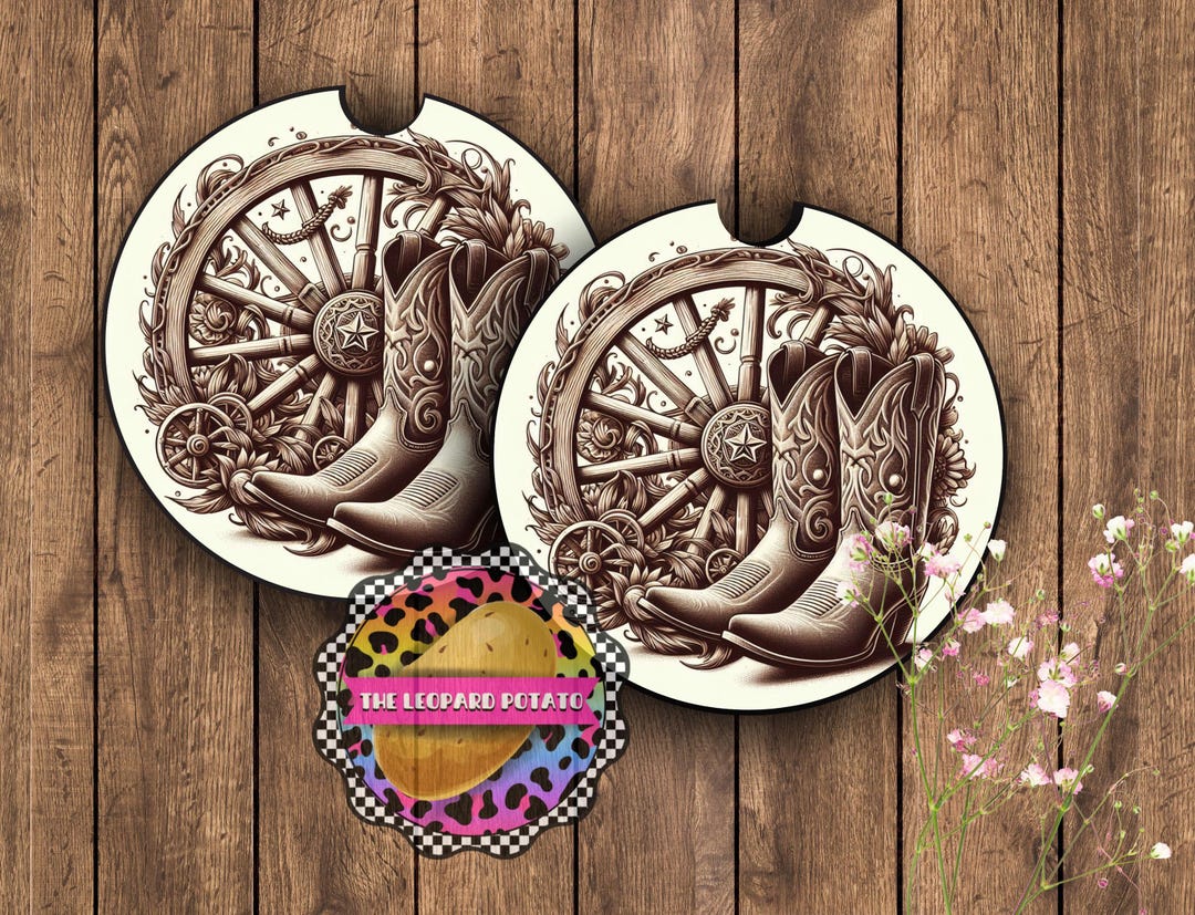 Western Cowboy Boots & Wagon Wheel PNG: Sublimation Coaster Design ...