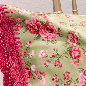 Handmade Crochet Trim Green and Pink Pillowcase; Pink Organic Crocheted ...