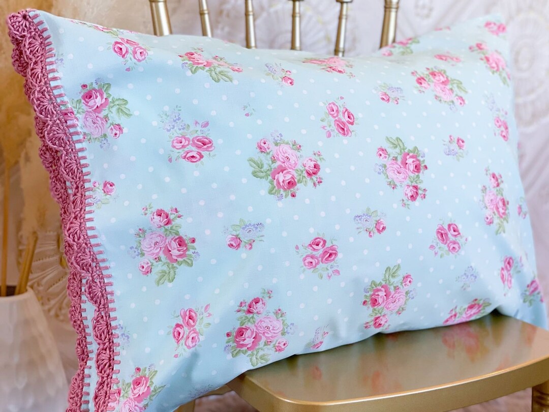 Handmade Crochet Trim Floral Pillowcase, Aqua Blue & Pink Flower ...