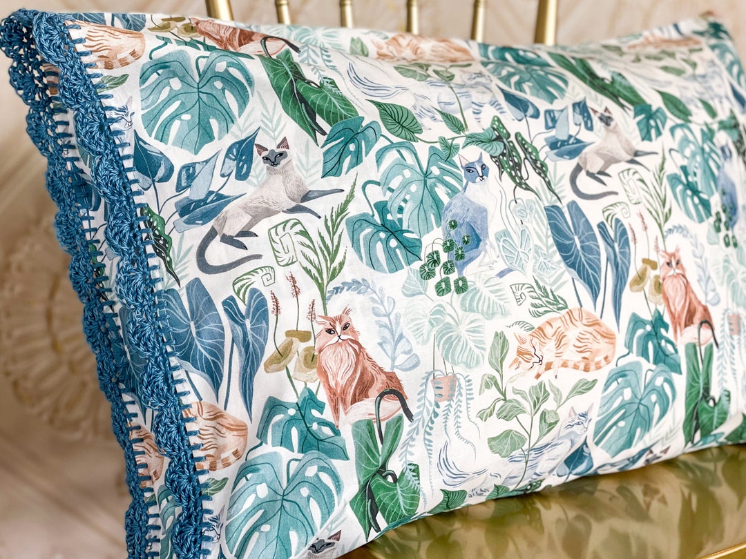 Handmade Crochet Trim Cat Pillowcase. Pretty Blue Teal Aesthetic Floral ...