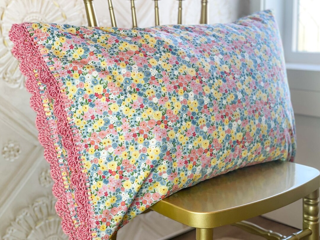Handmade Crochet Trim Floral Pillowcase, Pink, Blue, Yellow Flower ...