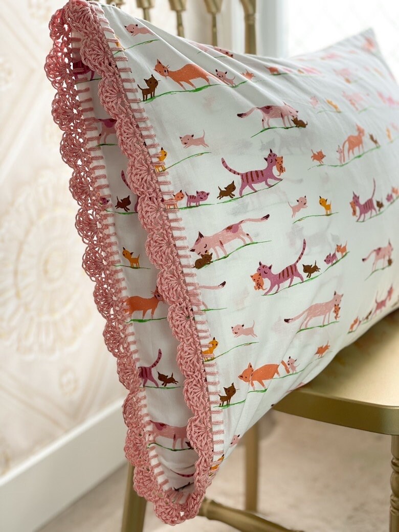 Handmade Crochet Trim Pink Green Orange Cat Pillowcase Pink Organic ...