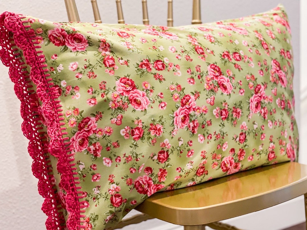 Handmade Crochet Trim Green and Pink Pillowcase; Pink Organic Crocheted ...