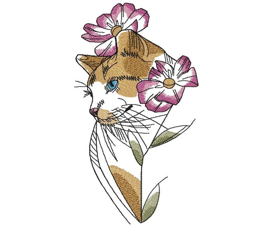 Flower Cat Machine Embroidery Design, Embroidery Cat, Embroidery Animal ...