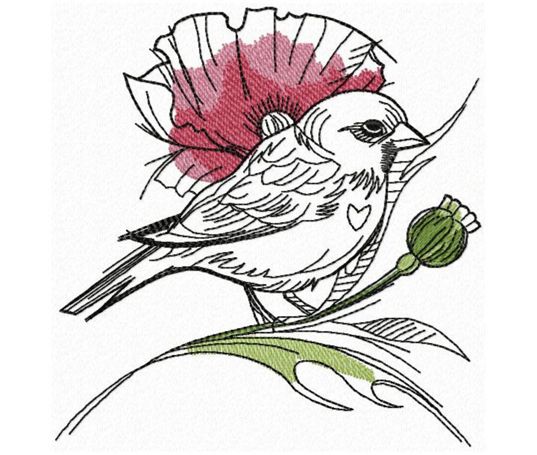 Bird and Poppy Machine Embroidery Design, Embroidery Bird, Bird Design ...
