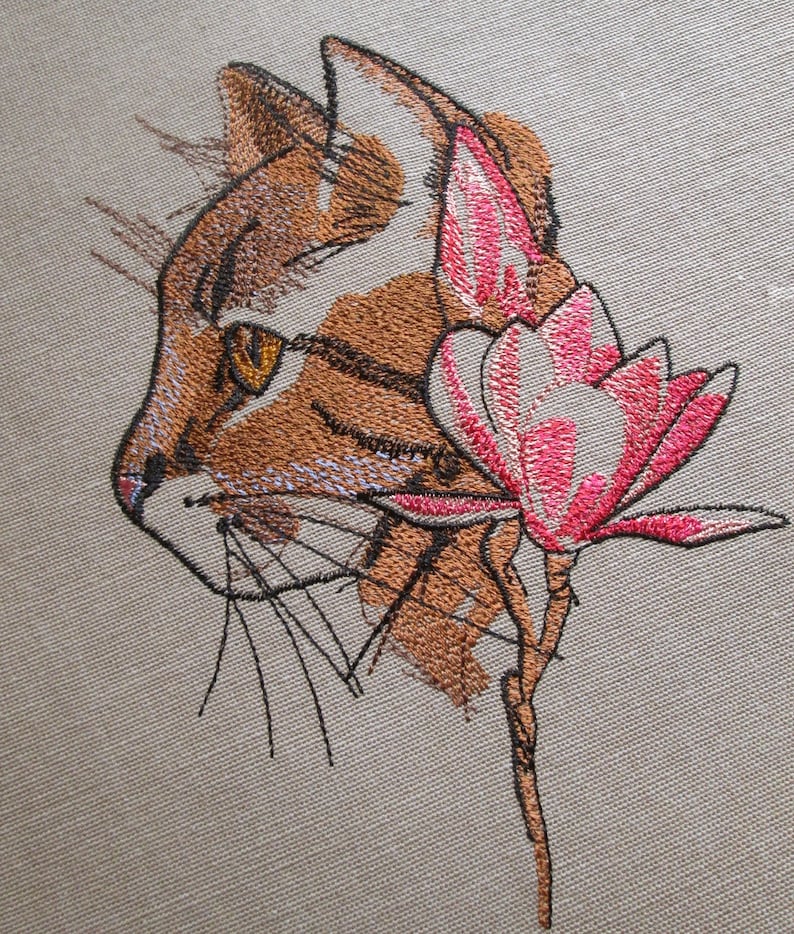 Cat With Flowers Machine Embroidery Design Embroidery Cat | Etsy