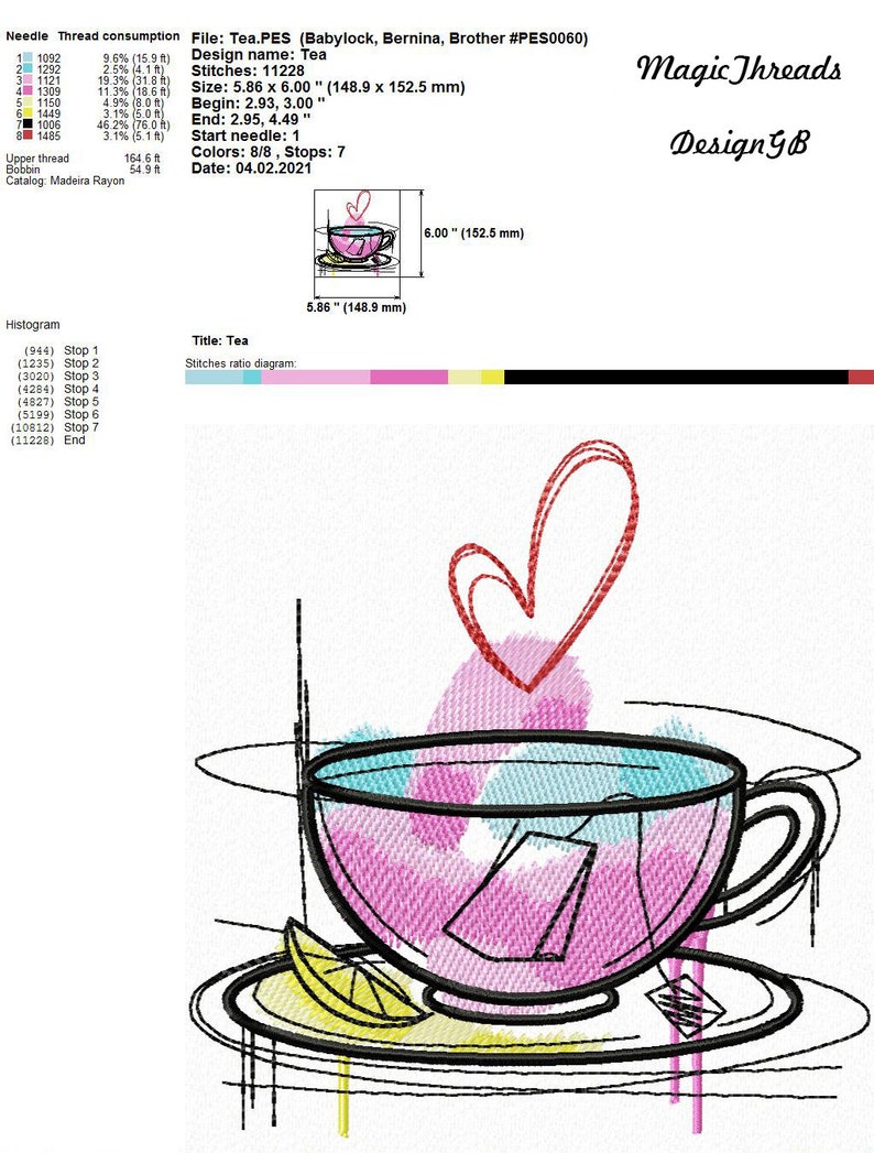 Tea Time Machine Embroidery Design, Lemon Tea Design, Embroidery Tea ...