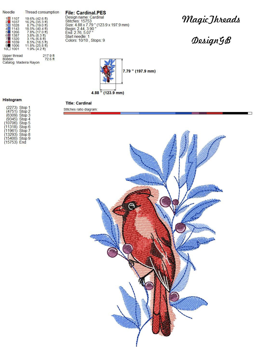 Red Cardinal Machine Embroidery Design, Cardinal Embroidery, Wild Bird ...