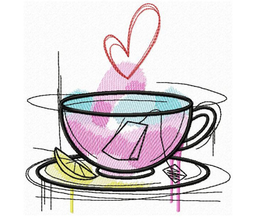 Tea Time Machine Embroidery Design, Lemon Tea Design, Embroidery Tea ...