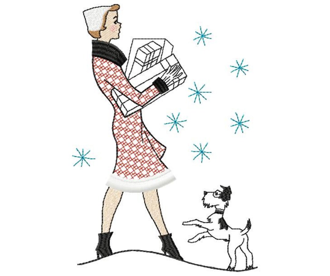Christmas Lady With a Dog Machine Embroidery Design Fringe, Christmas ...