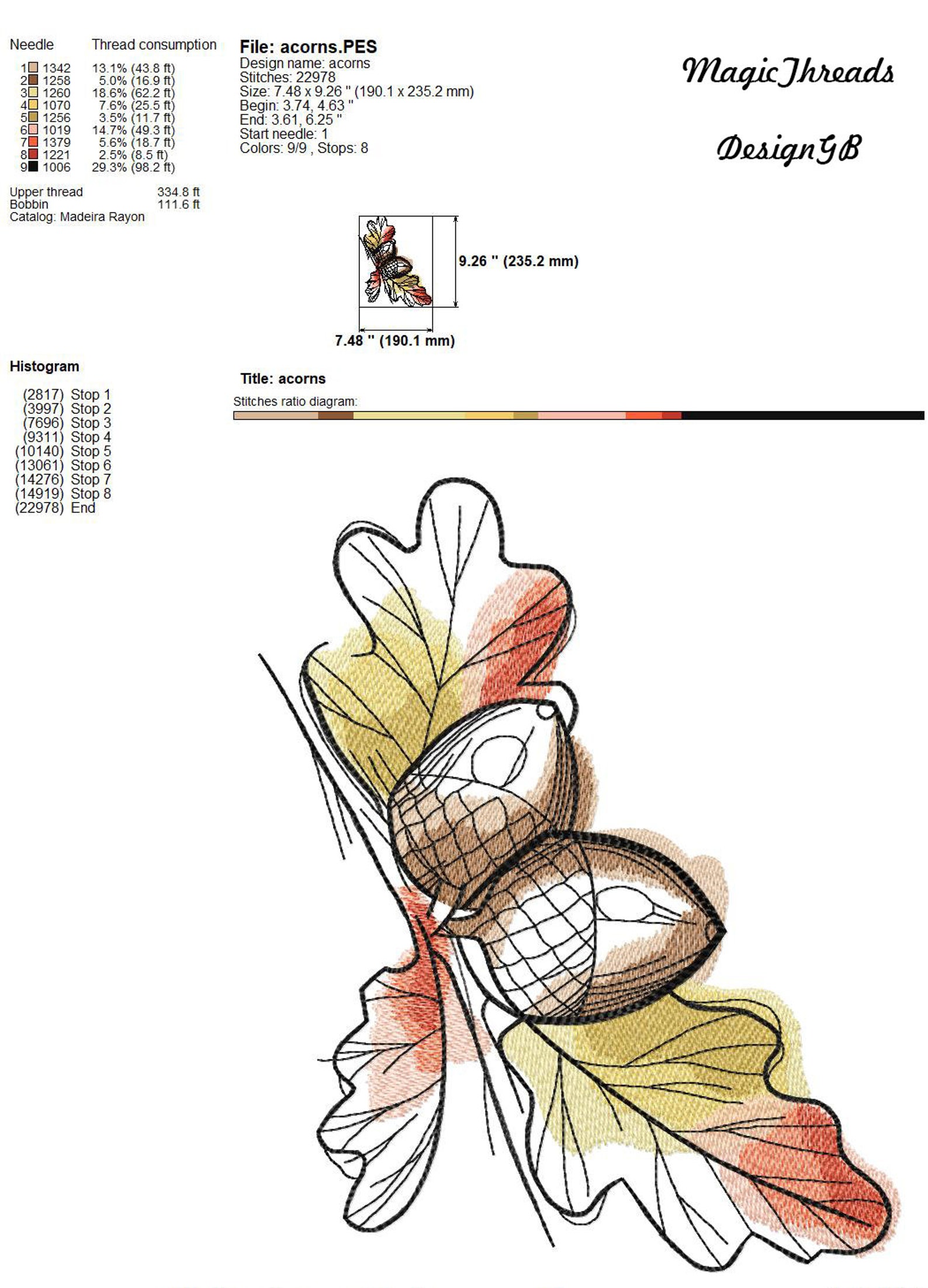 Acorns Machine Embroidery Designs, Acorn and Oak Leaf Embroidery, Acorn ...