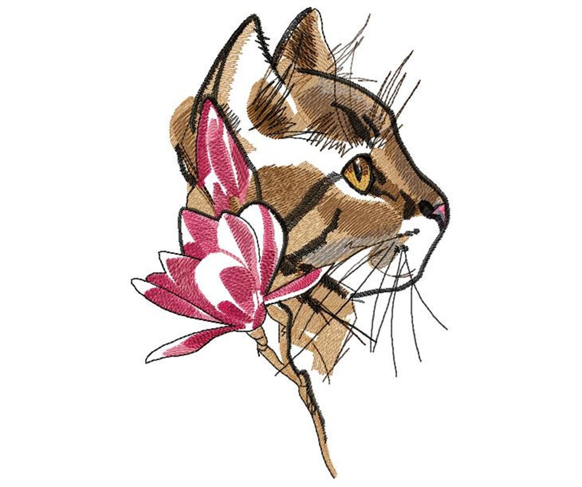 Cat With Flowers Machine Embroidery Design Embroidery Cat - Etsy