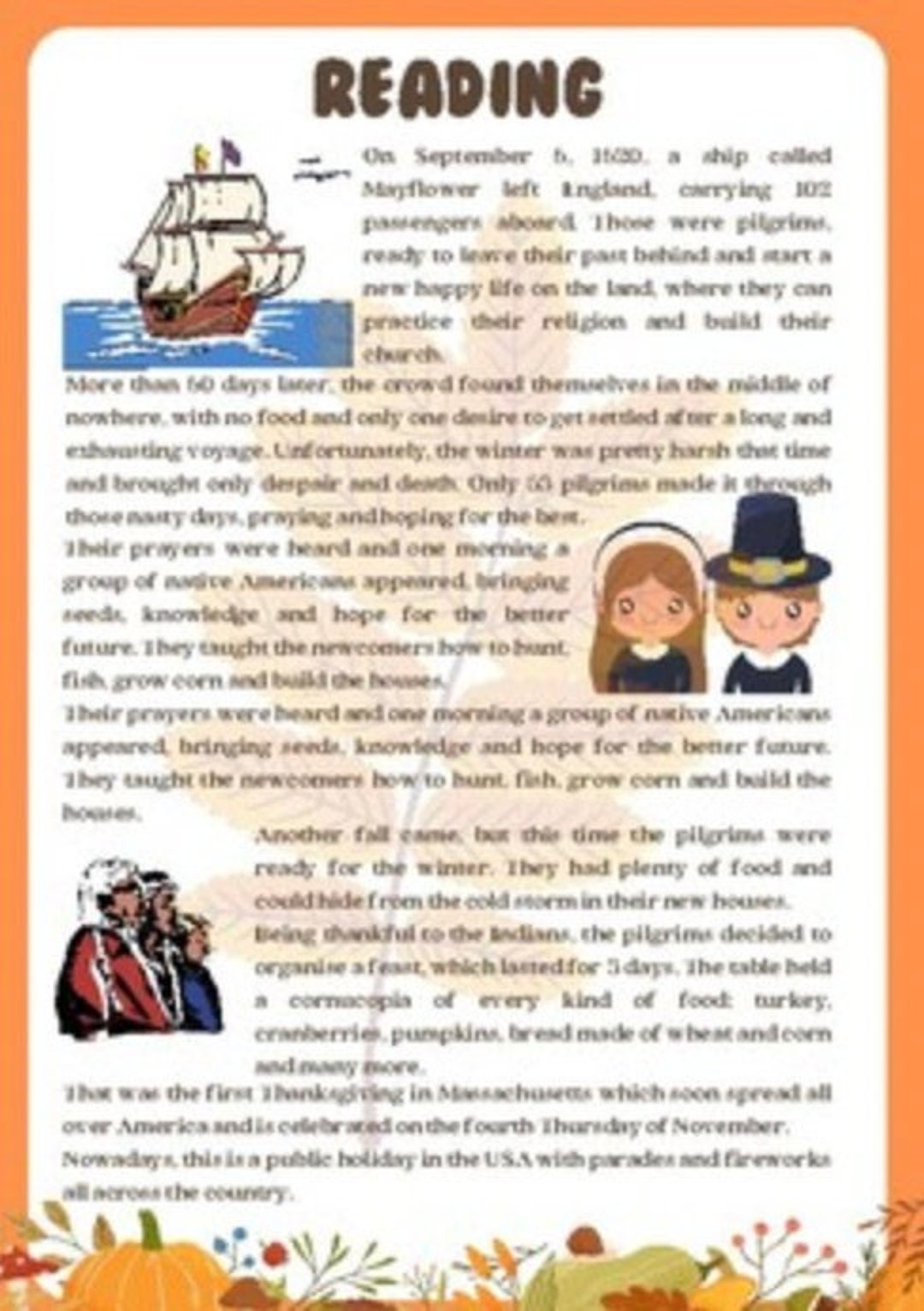 Thanksgiving Reading Task + Thanksgiving Vocabulary ESL A2-B1 - Etsy
