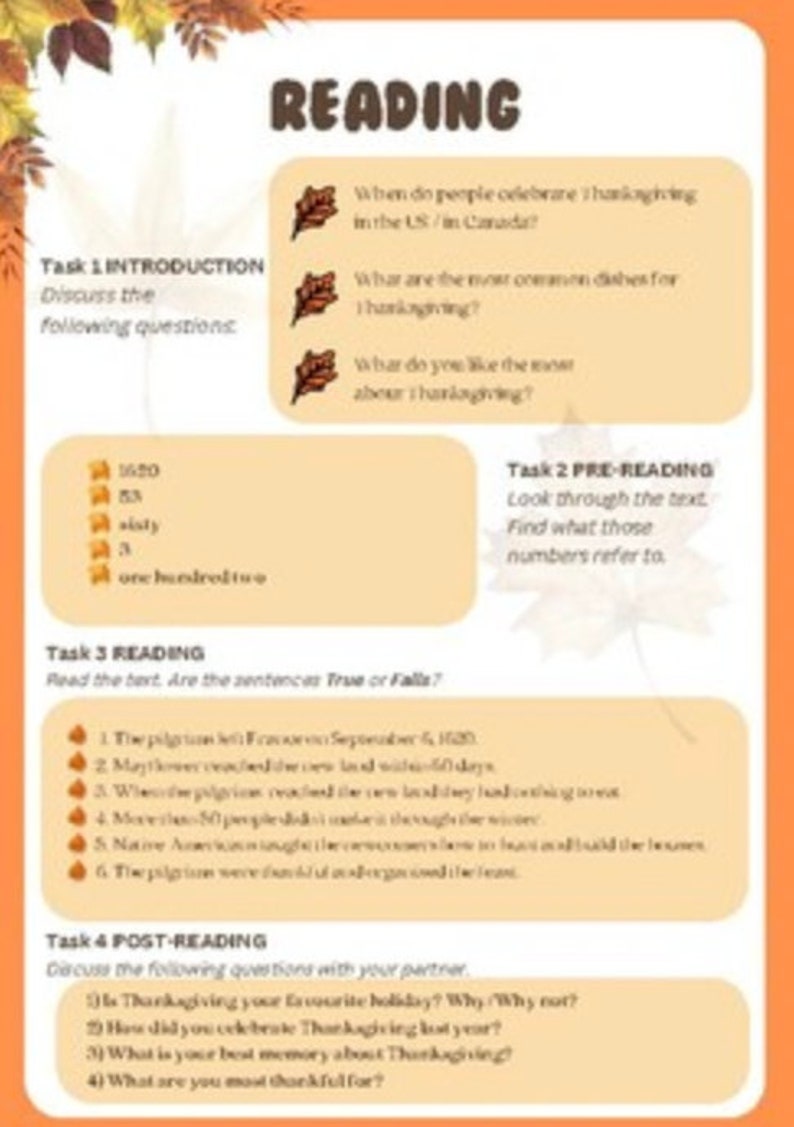 Thanksgiving Reading Task + Thanksgiving Vocabulary ESL A2-B1 - Etsy