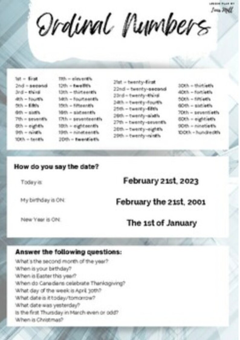 Cardinal and Ordinal Numbers / Listening and Productive Activities ...