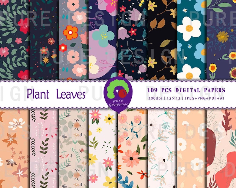 B_S_0257 | 109 Designs Plants Leaves Seamless Digital Paper | Floral ...