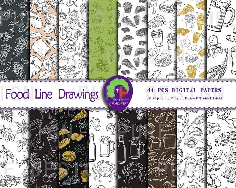 B_S_0281 | 44 Designs Food-themed Line Drawings Seamless Digital Paper ...