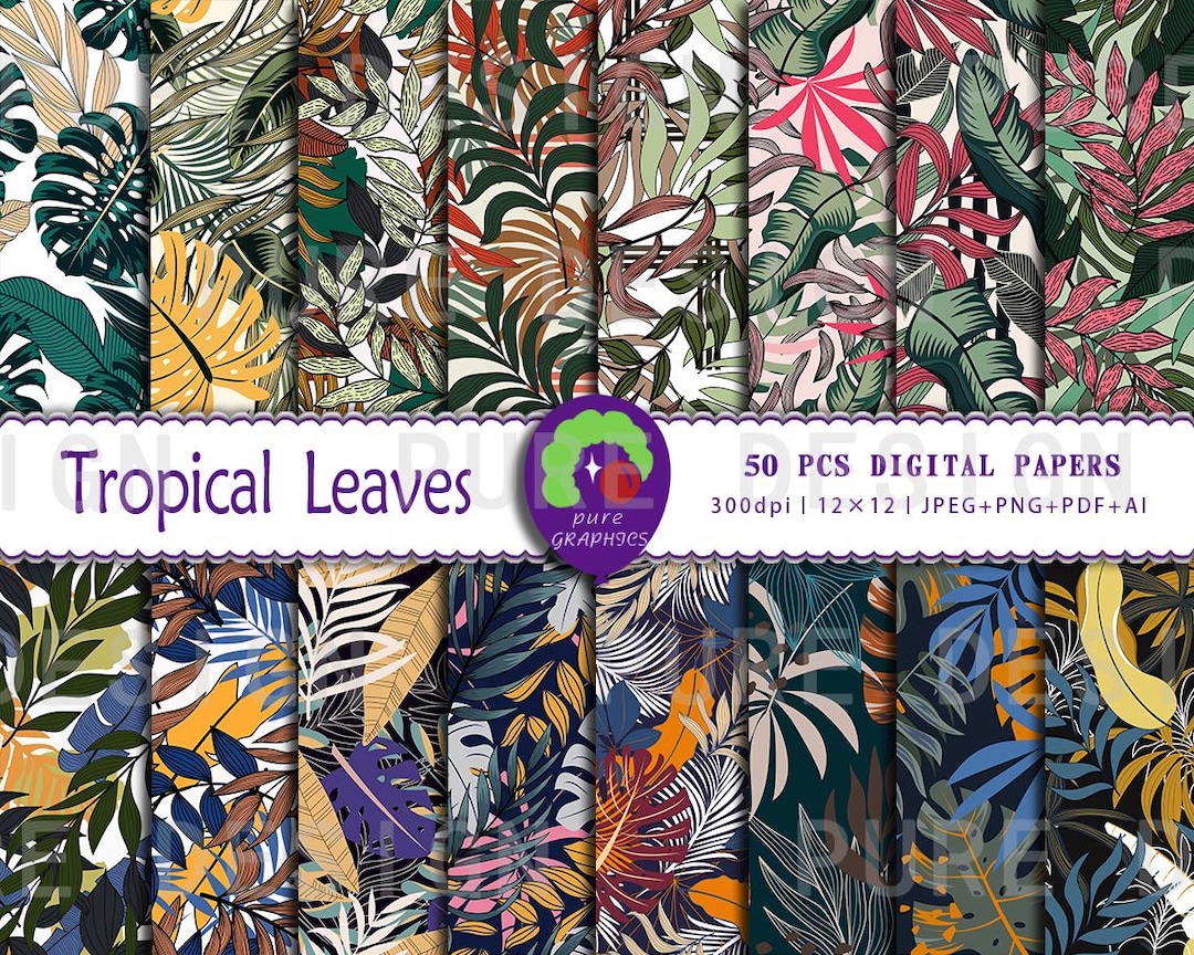 B_S_0007 | 50 Designs Tropical Leaves Seamless Digital Paper | Jungle ...