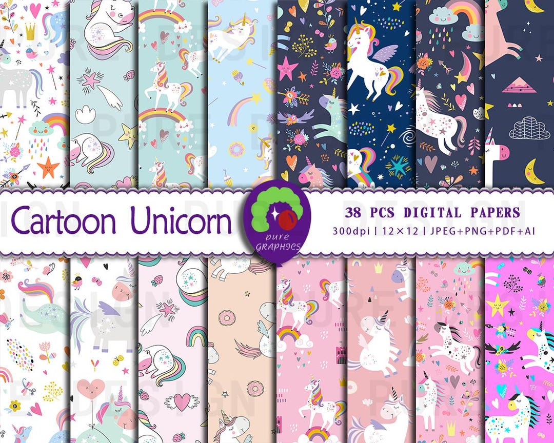 B_S_0363 | 38 Designs Cartoon Unicorn Seamless Digital Paper | Cute ...