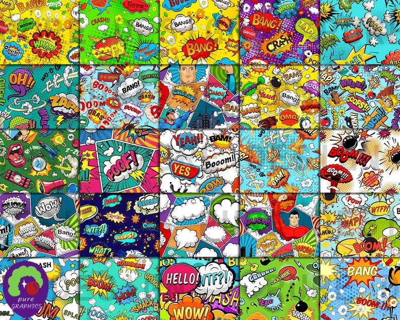 B_S_0219 | 28 Designs Comic Pop Art Seamless Digital Paper | Comic Book ...