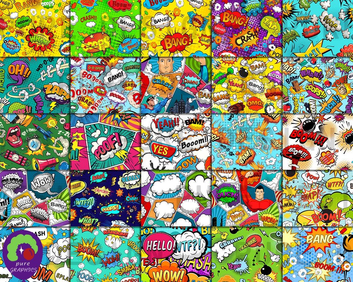 B_S_0219 | 28 Designs Comic Pop Art Seamless Digital Paper | Comic Book ...