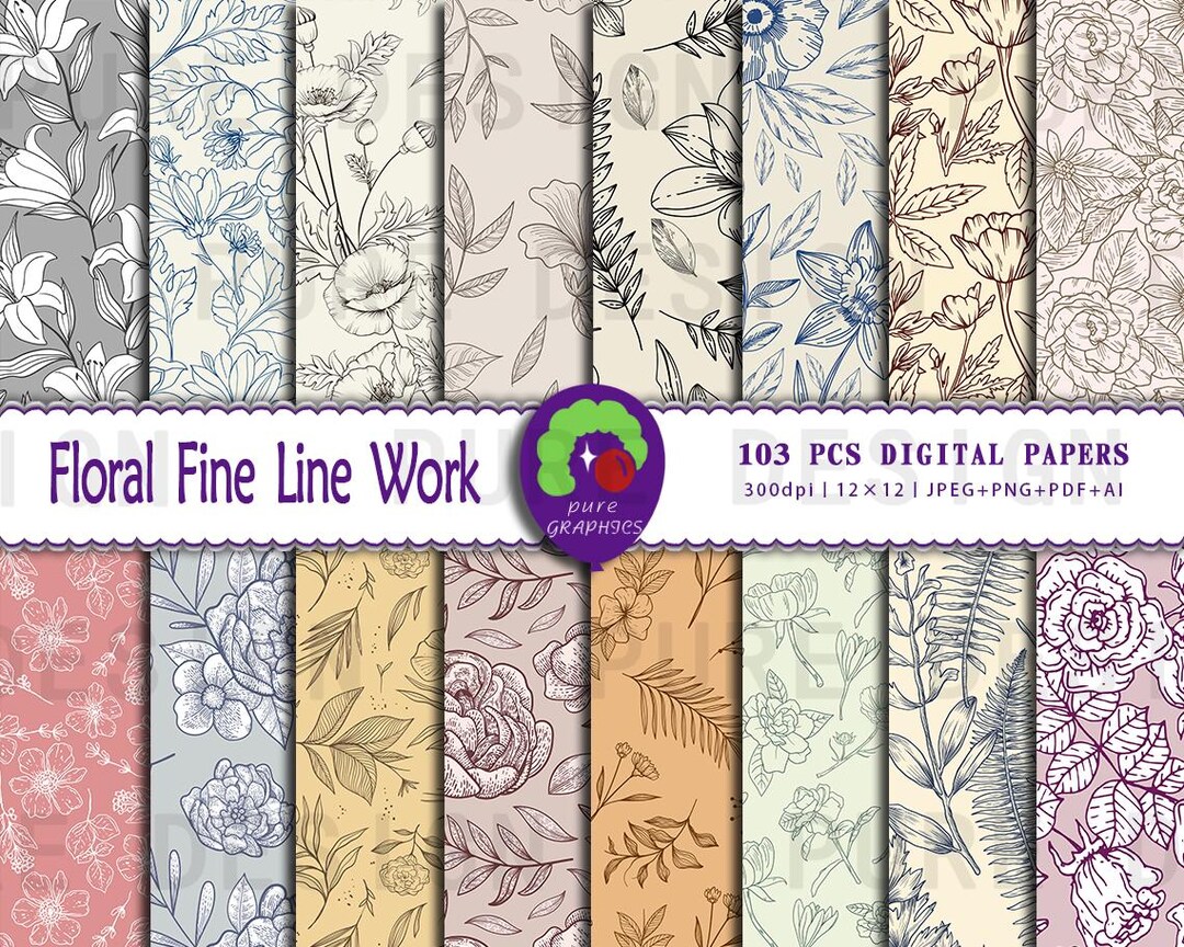 B_S_0234 | 103 Designs Floral Fine Line Work Seamless Digital Paper ...