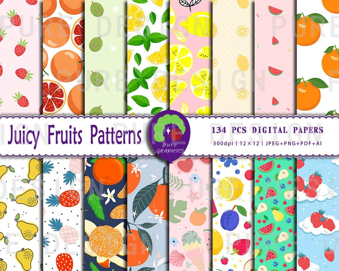 B_S_0309 | 134 Designs Juicy Fruits Patterns Seamless Digital Paper ...