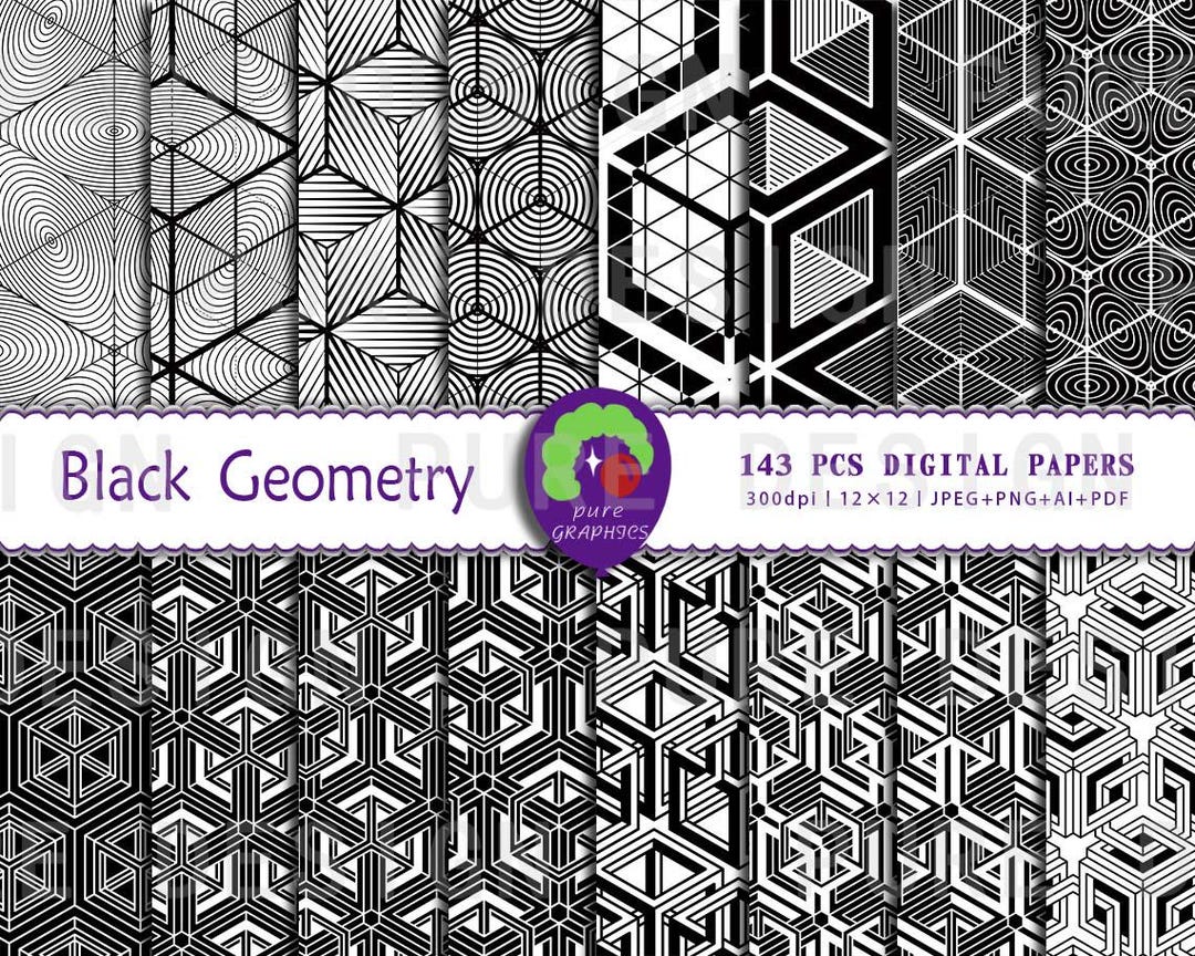 B_S_0211 143 Designs Black Geometry Seamless Digital Paper Intricate ...