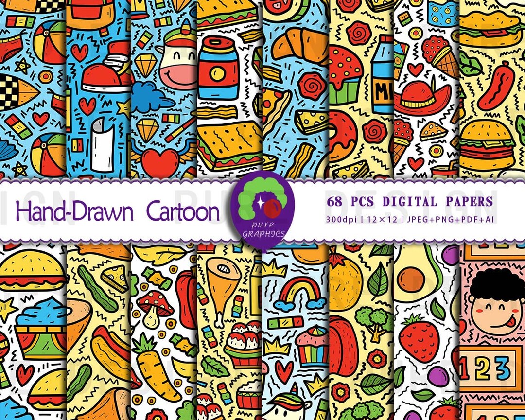 B_S_0297 | 68 Designs Hand-drawn Cartoon Seamless Digital Paper | Food ...