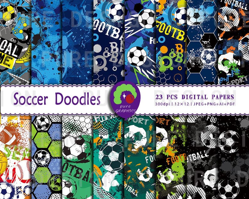 B_S_0212 | 23 Designs Soccer Doodles Seamless Digital Paper | Fun ...