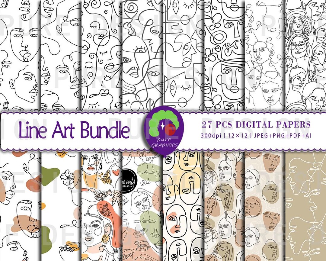 B_S_0103 | 27 Designs Line Art Seamless Digital Paper | Minimalist Face ...