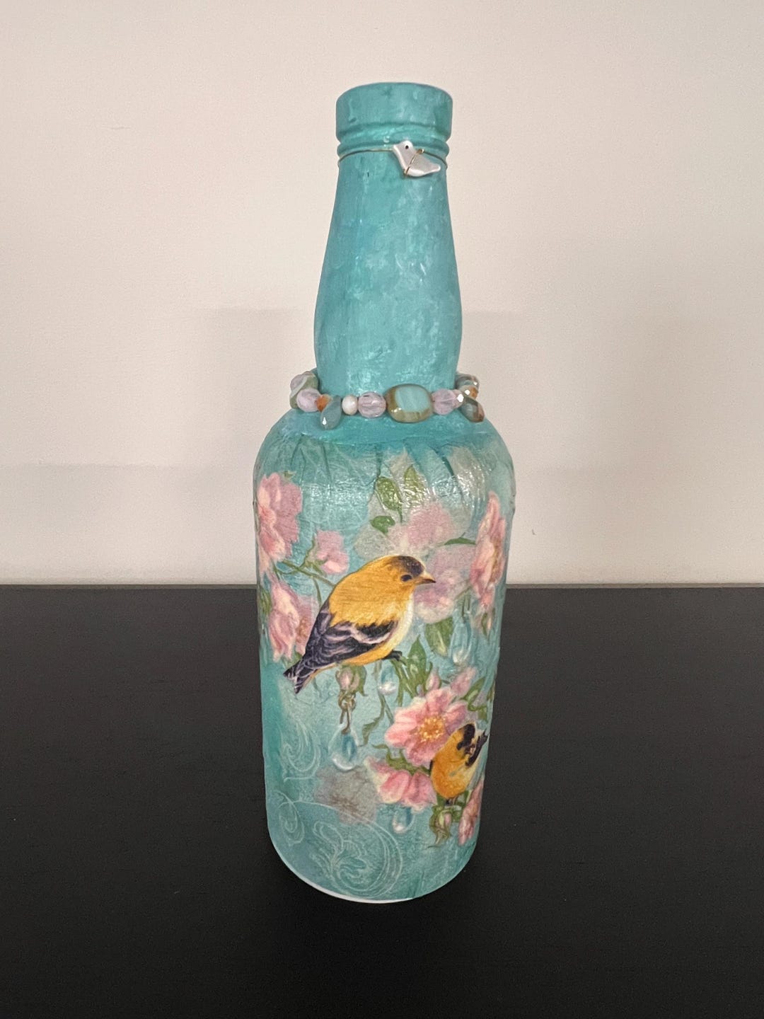 Goldfinch Decoupage Bottle With Crystals & Pearl - Etsy