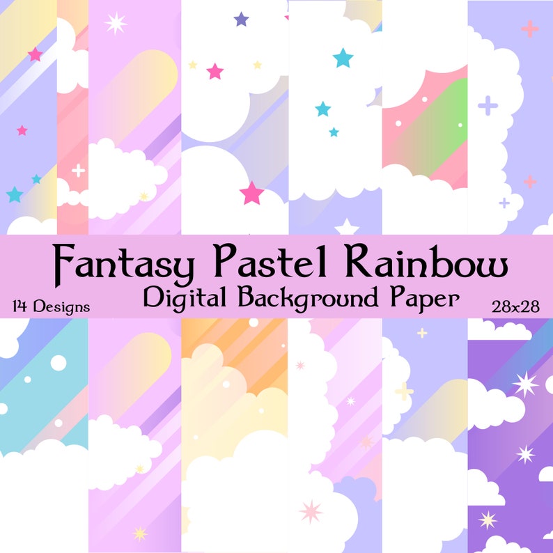 14 Fantasy Pastel Rainbow Digital Background Paper, NOT Seamless ...
