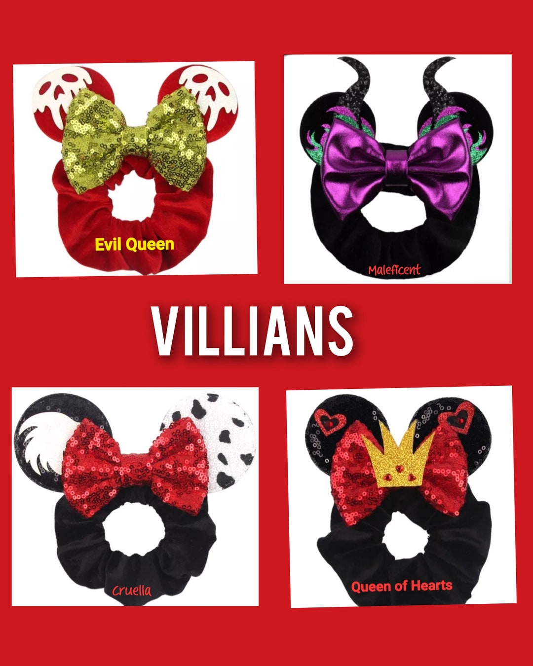 Villian Mouse Ear Scrunchies, Disney Ears, Maleificent Ears, Evil Queen ...