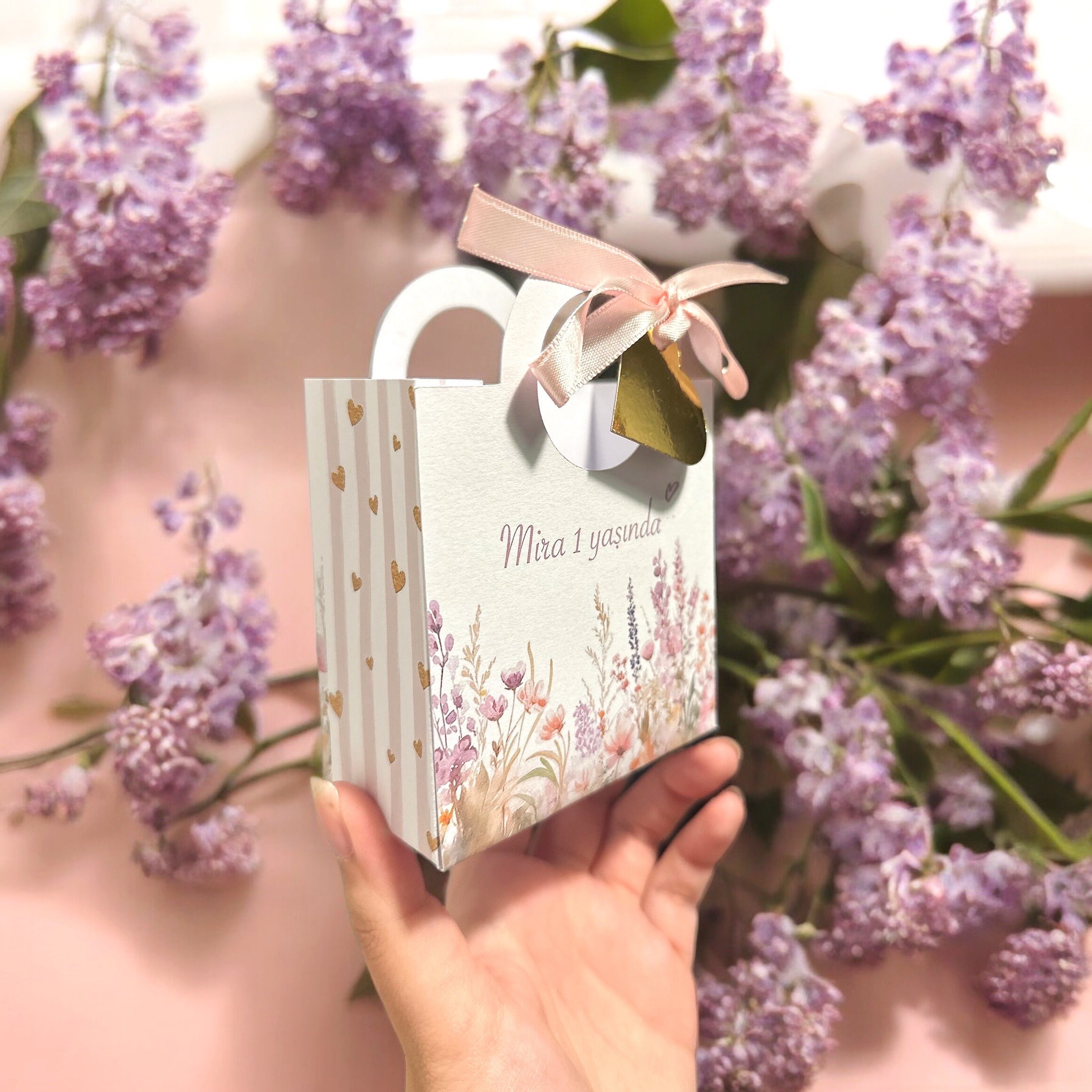 Personalized Floral Birthday Treat Box With Pink Ribbon and Gold Heart ...