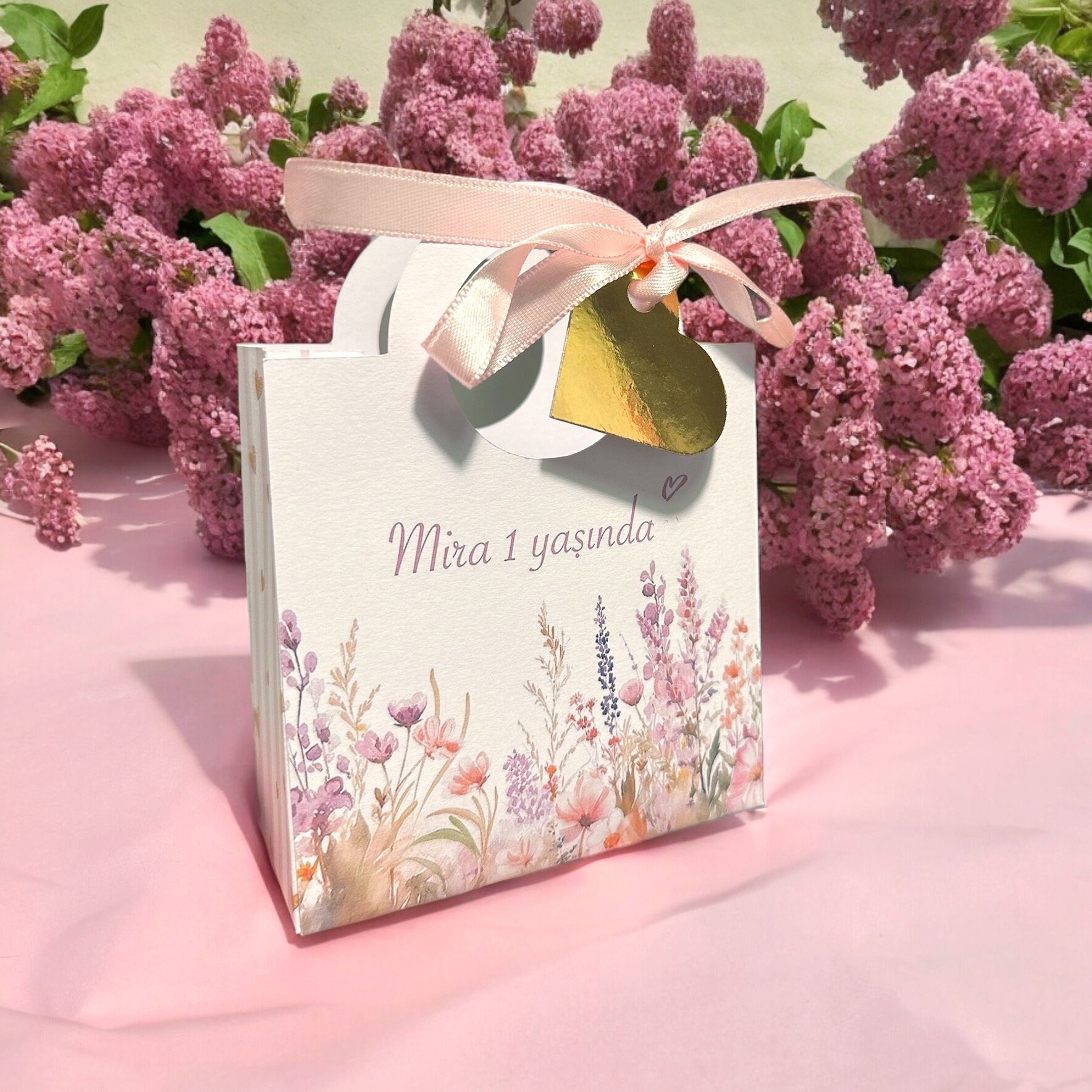 Personalized Floral Birthday Treat Box With Pink Ribbon and Gold Heart ...