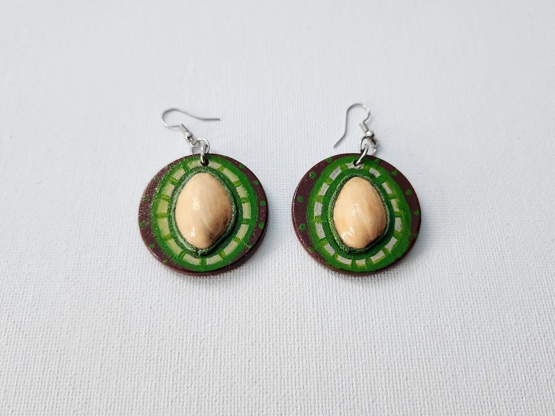 Pistachio Shell Wooden Circle Handmade Earrings, Green and Brown ...