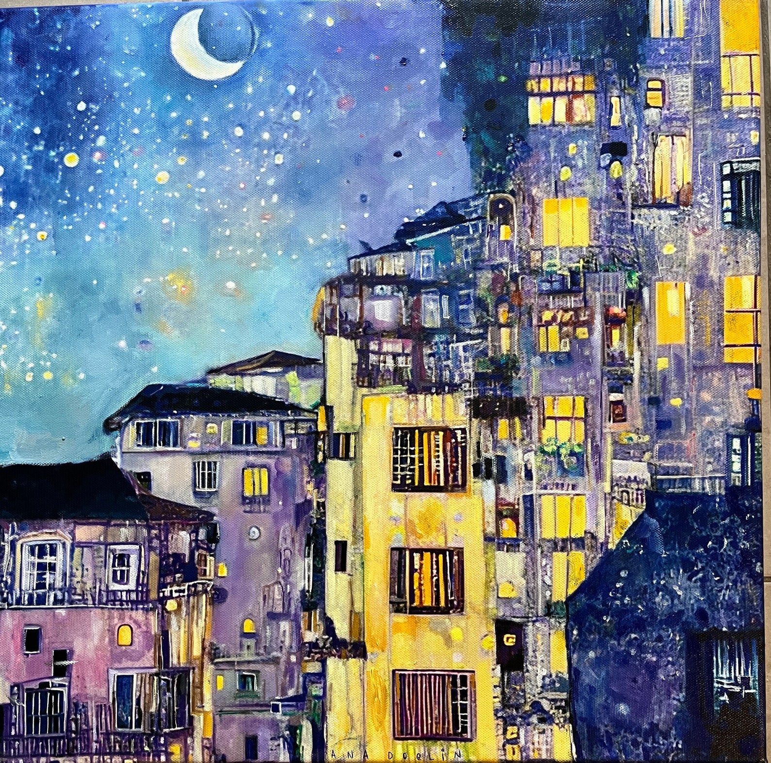 Original Oil Painting Cityscape 20”x20" Night Sky With Moon Artwork ...