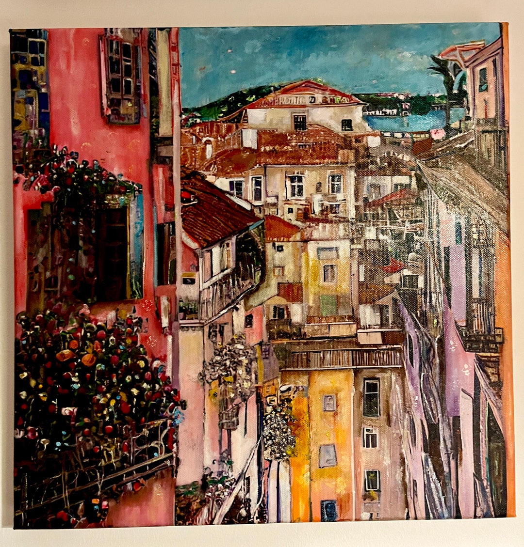 Old City Lisbon Original Oil Painting on Canvas 16”x16” (40x40cm) Cityscape Artwork Lisbon ...